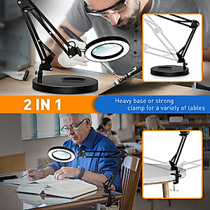 KMDES Magnifying Glass with Light and Stand, 10X Real Glass LED Magnifying Lamp, 3 Color Modes 10 Level Dimmable Lighted Magnifying Glass, 2-in-1 Magnifier Desk Lamp & Clamp for Reading Crafts Repair