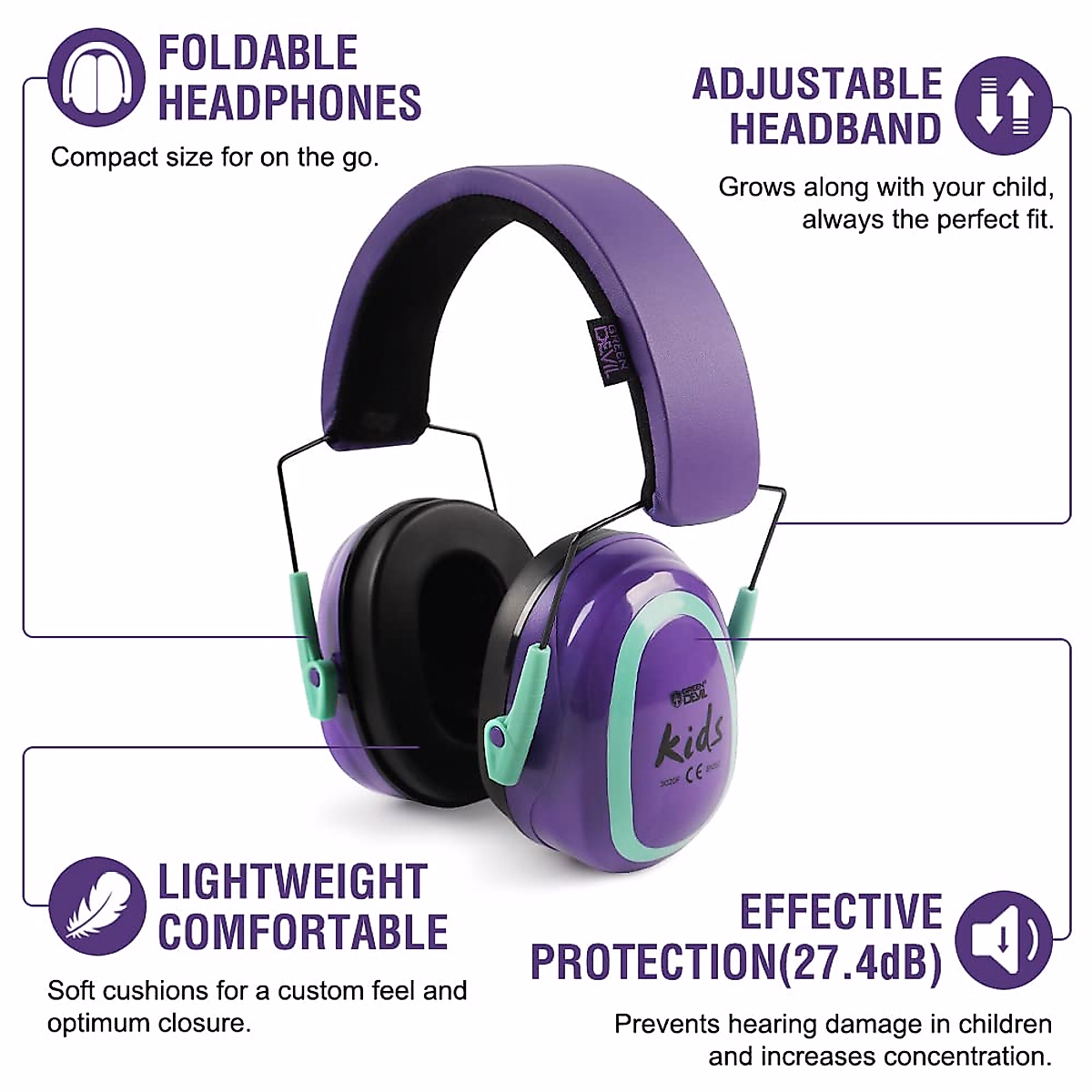 GREEN DEVIL Kids/Toddler Ear Protection Safety Ear Muffs Design For Age 3-16 Noise Cancelling Headphones SNR 27.4dB Kids Hearing Protection Earmuffs Sensory Headphones for Autism Kids