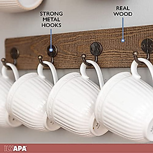 Ilyapa Rustic Wooden Coffee Mug Rack, Wall Mounted Mug Holder for Cups - 12 Hook Brown Wooden Display Rack for Kitchen Storage and Mug Collection