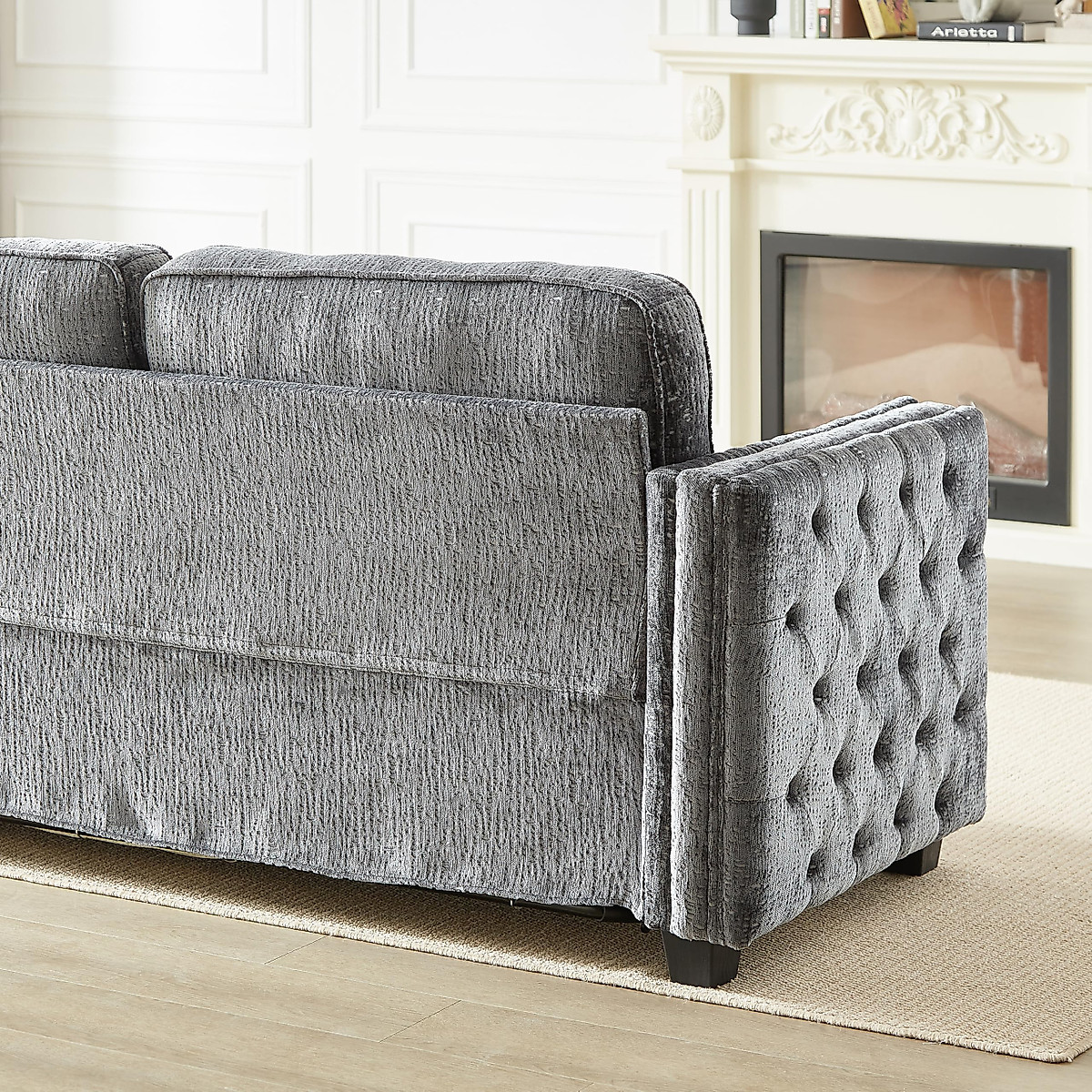 SmartEdge Pull Out Sofa Bed, 2-in-1 Convertible Full Sleeper Sofa Couch with Memory Foam Mattress, Chenille Upholstered Loveseat 3 Seater Full Sofabed Couches for Living Room, Apartment, Grey