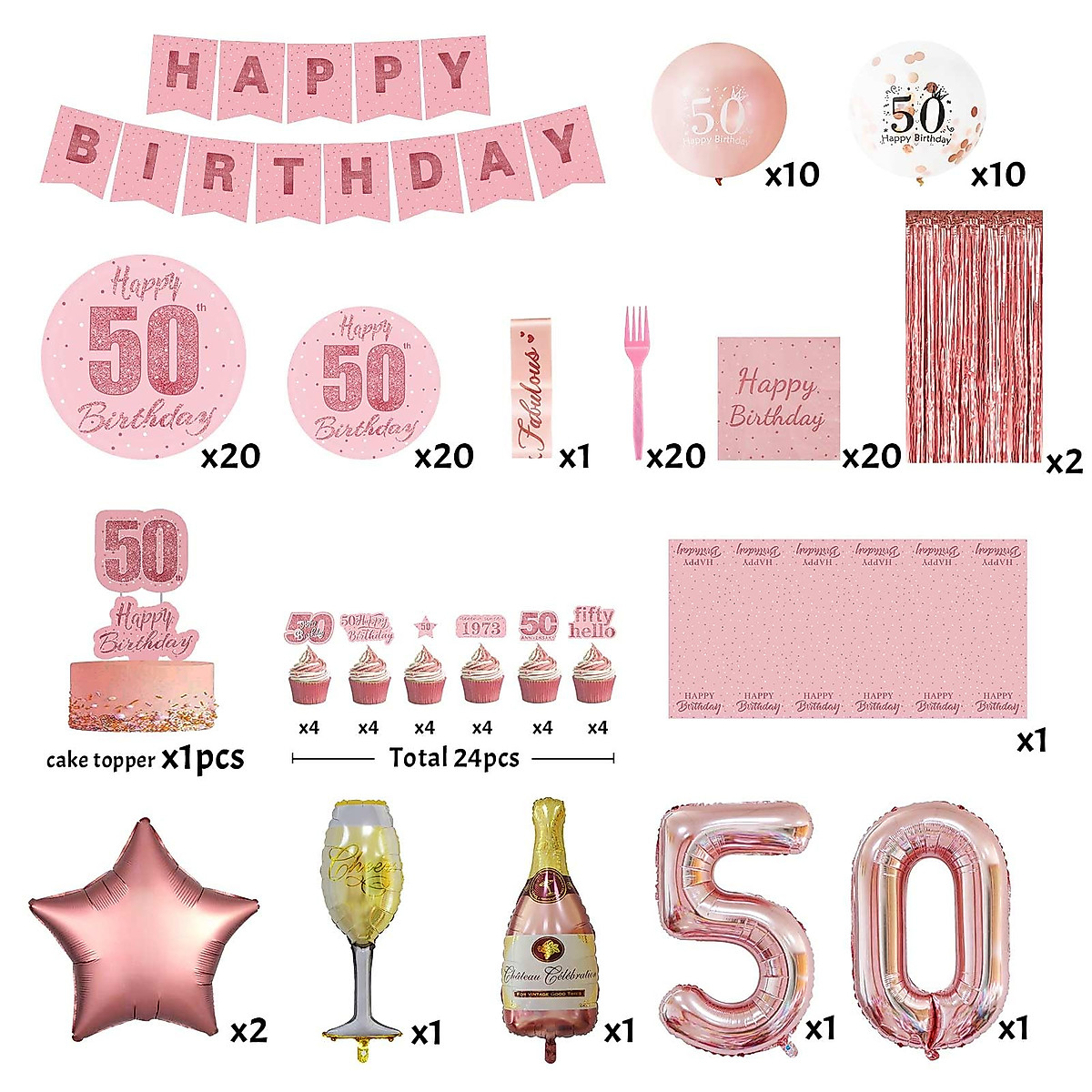 50th Birthday Decorations Women Rose Gold 50 Party Supplies Foil Fringe Curtains,Plates,Napkins,Tablecloth,Forks,Happy Birthday Banner,50th Sash,Cake&Cupcake Toppers,Latex&Foil Balloons