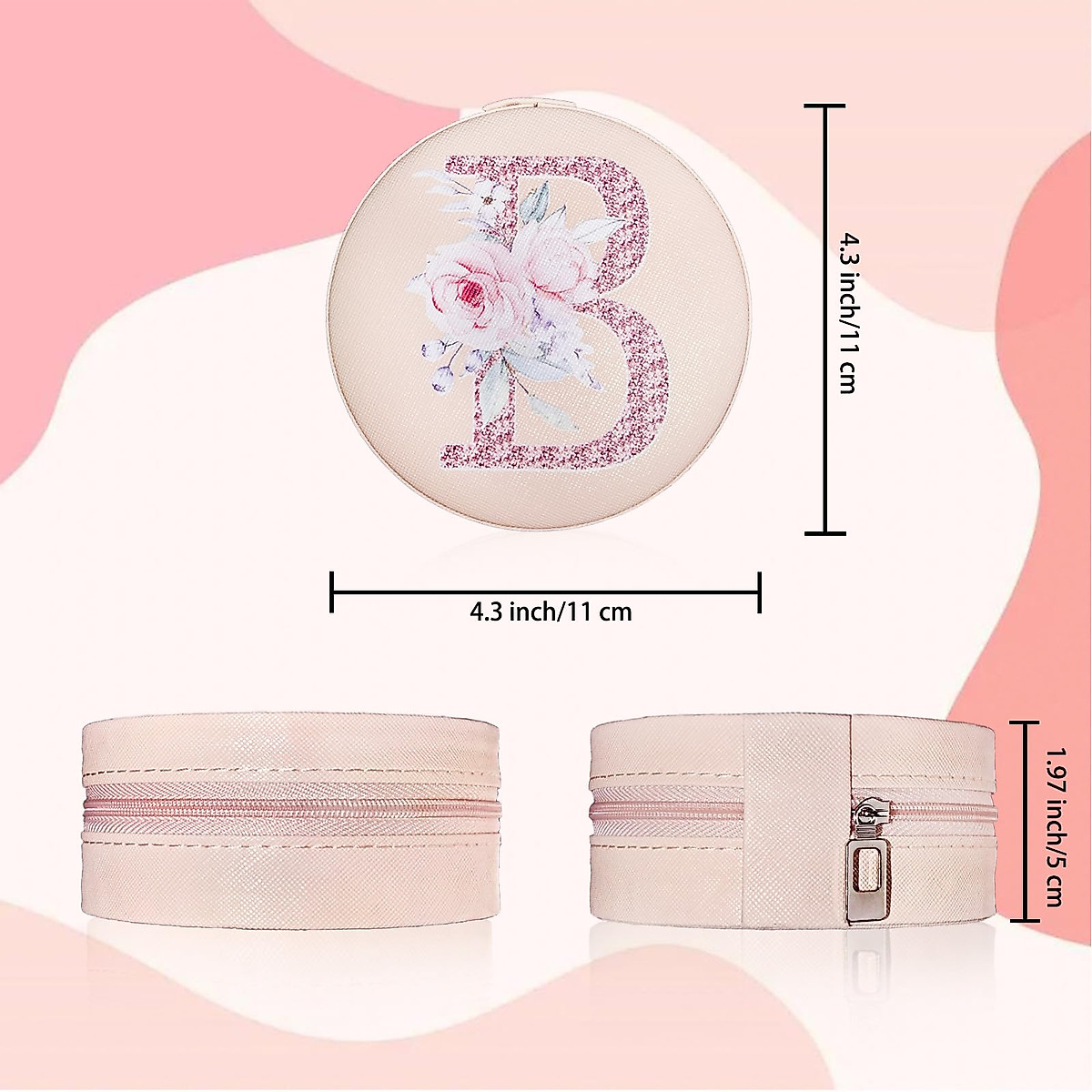 Travel Jewelry Case Travel Portable Personalized Pink Flower Jewelry Box for Necklace Earring Ring Organizer Storage Holder Boxes Accessory Unique Birthday Gifts for Women Teen Girls Initial B