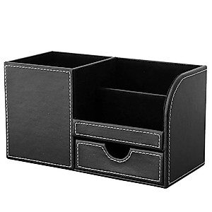 KINGFOM Desk Organizer Office Supplies Caddy Pu Leather Multi-function Storage Box Pen/Pencil,Cell phone, Business Name Cards Remote Control Holder with Small Drawer Black