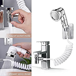 Sink Faucet Sprayer Attachment, 3 Modes Sink Sprayer Attachment for Faucet for Washing Hair, Kitchen Cleaning, Pets Bathing, Faucet Extender Set with Water Diversion Valve, Hole-Free Bracket, Silver