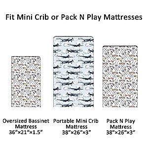 Extra Soft Stretchy Pack N Play Fitted Sheet Set for Baby, 2 Pack Premium Cotton Blend Mini Crib Sheets for Standard Pack N Play Mattress ,Plane and Car Pattern.