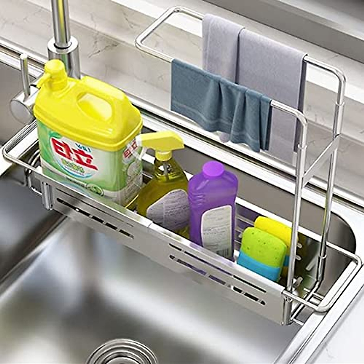 BEENLE 304 Stainless Steel Telescopic Sink Caddy Sponge Holder,Expandable Kitchen Sink Organizer Dish Drainer Rack Sink Tray Brush Soap Holder(14.6''-18.5''), Without Chopstick Holder