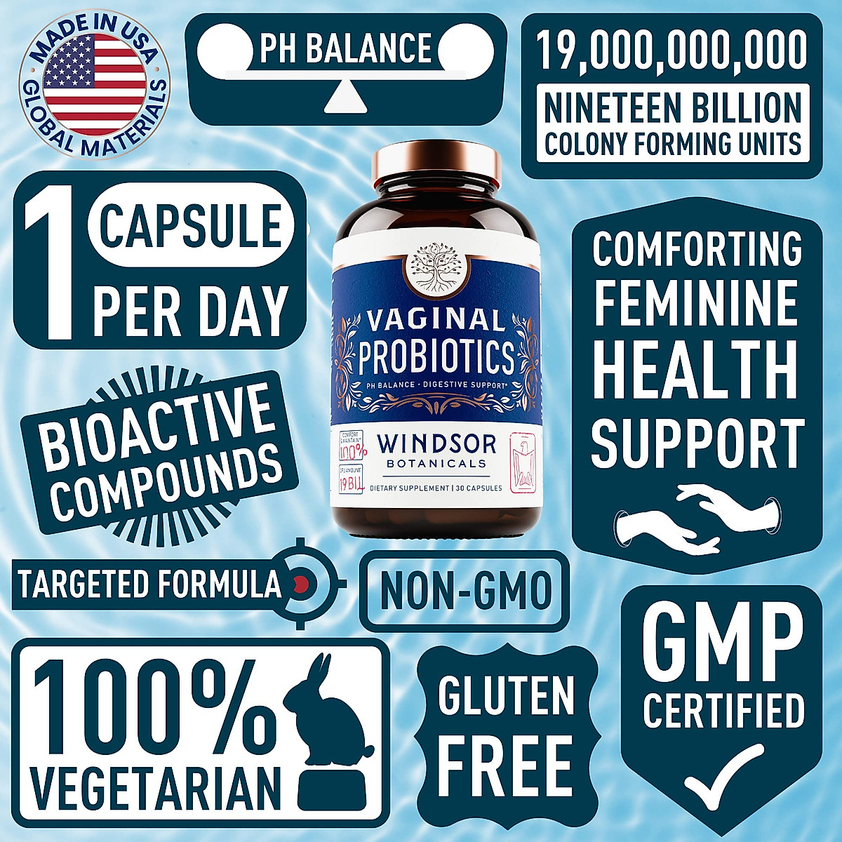 Vaginal Probiotics for Women - 19Bil CFU Lactobacillus Salivarius Probiotic for PH Balance, Digestive, Gut Health - Feminine Balance Complex Probiotics for Women BV Support Supplements - 30 Capsules