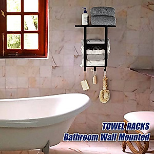 Lzziib Metal Towel Holder for Bathroom Wall with 3 Hooks and Wooden Shelf - Matte Black Towel Racks for Bathroom, Bathroom Shelf with Towel Hooks - Towel Storage for Bathroom Wall Decor