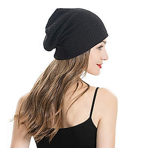 ZLYC Women Fashion Knit Slouchy Beanie Hat Thin Stretch Skull Caps (Solid Black)