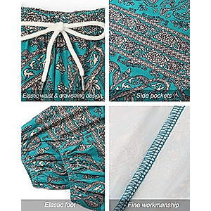 QIANXIZHAN Women's Harem Pants, Hippie Palazzo Pants Boho Joggers Yoga Clothes with Pockets Cyan Flower L