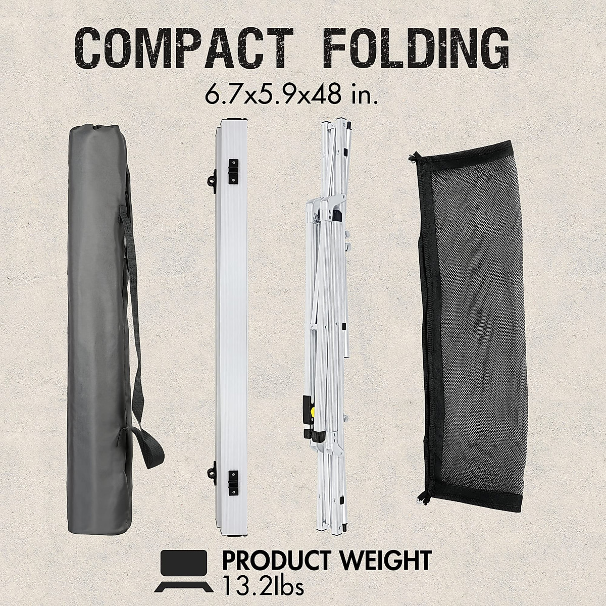 PORTAL Portable Camping Table Aluminum Folding Camp Table Roll Up Table with 1 Adjustable Leg, Mesh Layer and Carry Bag for Outdoor, Picnic, Grill, Kitchen, Silver, Large Space (47.2 x 27.6 inch)