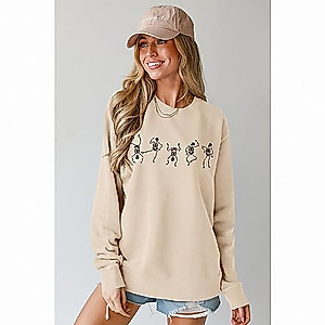SOFEON Women Halloween Dancing Skeleton Sweatshirt Horror Skull Graphic Crewneck Sweatshirt Spooky Season Pullover Tops(Beige,X-Large)