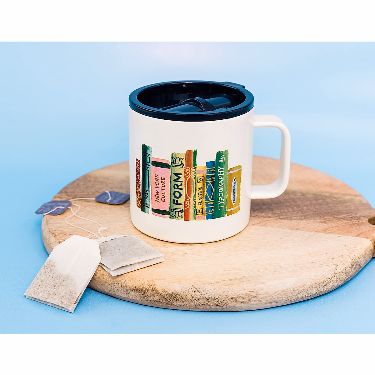 Kate Spade New York Stainless Steel Insulated Mug with Handle and Lid, 16 Ounce Double Wall Tumbler, Reusable Coffee Travel Mug for Hot and Cold Drinks, Bookshelf