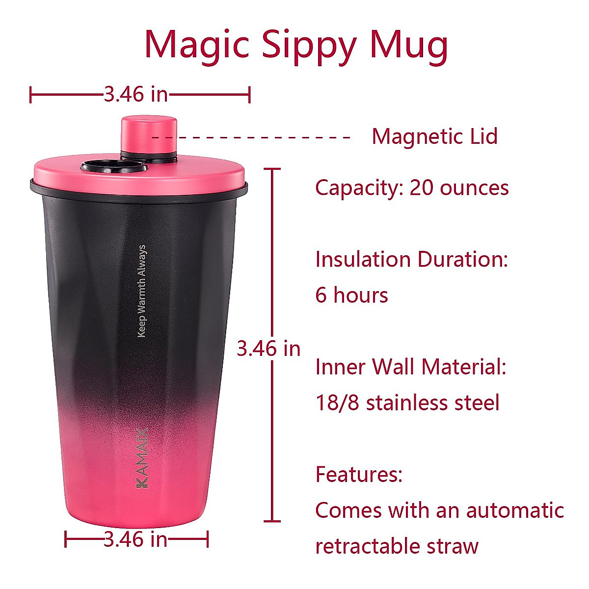 Reginsnow 20oz Insulated Coffee Mug with Lid, Double Wall Stainless Steel Vacuum Insulated Tumbler Cup, Travel Coffee Cup Thermal Cup for Home and Office, Outdoor & Car - Black to Red