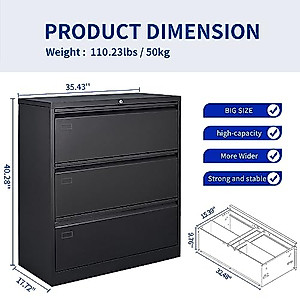 CuisinSmart File Cabinets, 3 Drawer Lateral File Cabinet for Legal/Letter/A4 FileMetal Wide Filing Organization Storage Cabinets with Lock for Home Office-Black