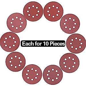 Swpeet 100 Pcs Sanding Discs Sandpaper Hook and Loop Pads for Circular Sander Grits Sanding Sheets 10 Sizes - 40/60 / 80/100/ 120/180 / 240/320 / 400/800 Grits