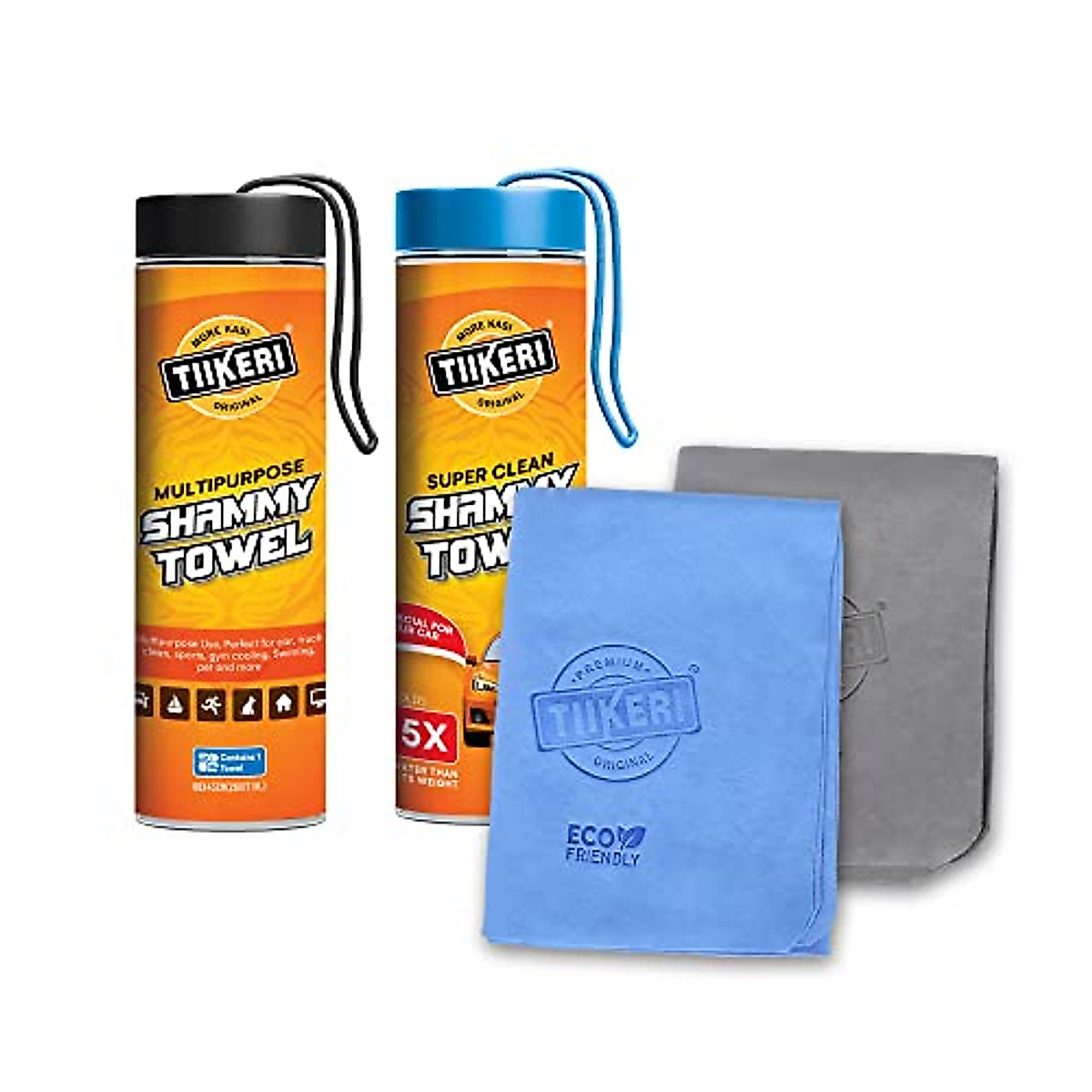 TIIKERI Super Absorbent Shammy Towel for Cars Drying - Blue,Multi-Use Chamois Cloth for Cars Boat Sports Furniture etc-Black, 26"x17" 2 PKS Scratch-Free Chamois Towels