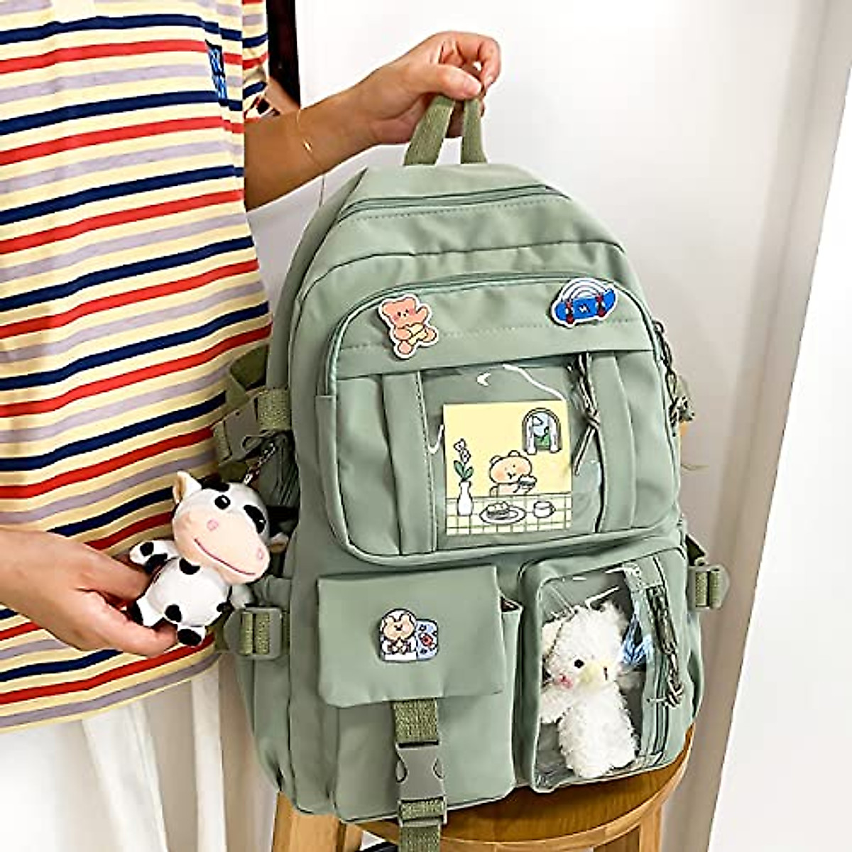 New Aesthetic Backpack Kawaii Backpack with Badge Pins Keychain Pendant Light Weight Travel Backpack