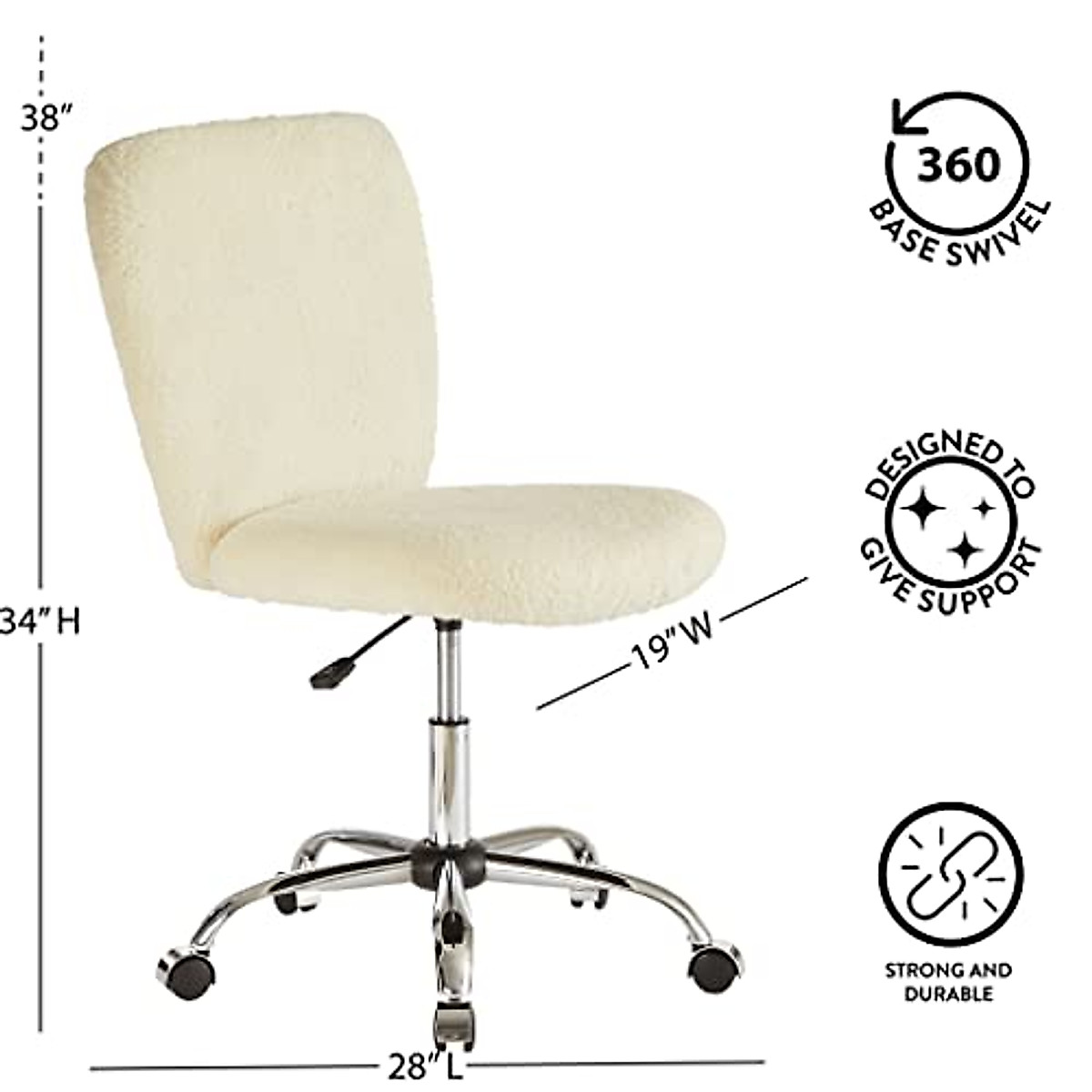Urban Lifestyle Mongolian Faux Fur Task Chair, Adjustable, 28D x 19W x 34H in For Office, Ivory