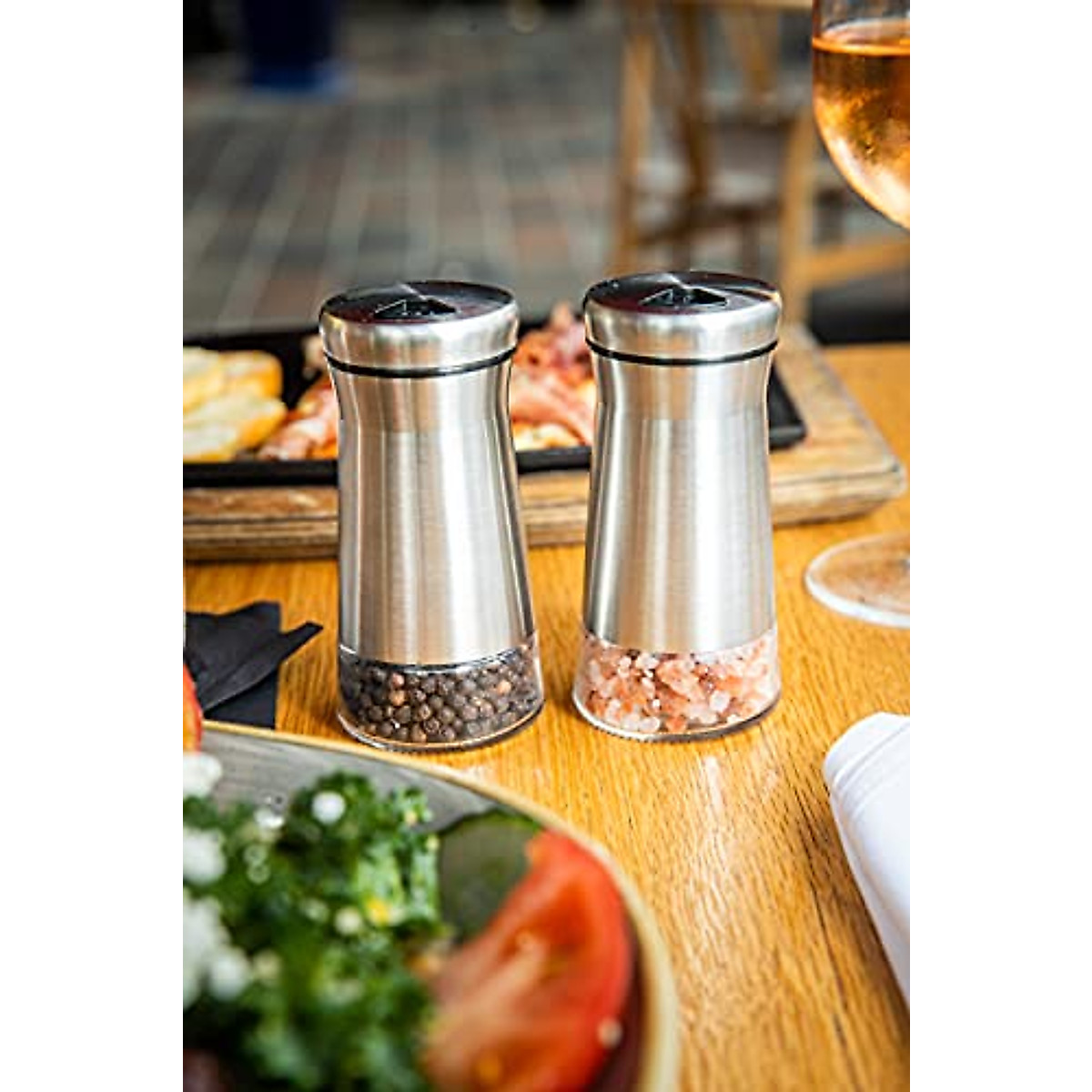 HOME EC Original Glass Salt and Pepper Shakers Set with Adjustable Pour Holes - Stainless Steel Salt Shaker and Pepper Shaker - Farmhouse Salt and Pepper Shaker Set for salts and spices