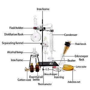 Labware Set 500ml Essential Oil Extraction Distillation Apparatus Water Distiller Purifier Glassware Kits Hydrosol, Home Distillation kit