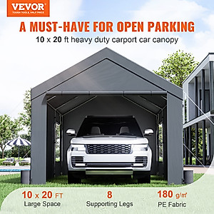 VEVOR Carport 10'x20' Heavy Duty Steel Car Canopy, Portable Garage with 4 Sand Bags, Roll-up Ventilated Windows & Removable Sidewall, All-Season Tarp for Truck SUV Boat Car, Party, Equipment Placement