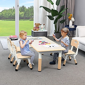 Arlopu Big Kids Study Table and 4 Chair Set, Height Adjustable Toddler Table and Chair Set for 4, Multifunctional Toddler Table, Reading, Drawing, Eating Interaction (Beige)