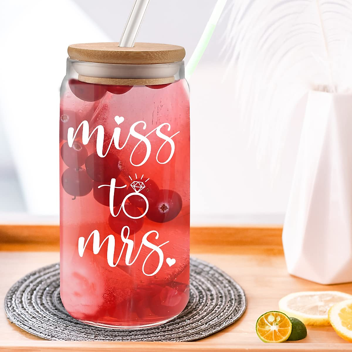 FlyweightZ Bride Gifts for Her - 16oz Miss To Mrs Glass Cup for Wedding Gifts - Bridal Shower Gifts for Bride - Bride To Be Gifts for Bachelorette Party Favors - Cute Cups for Engagement Gifts
