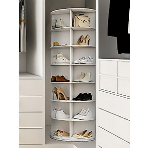 Toemics 7 Tier Rotating Shoe Rack Tower 28 Shelves, 360° Spinning Display Lazy Susan Organizer, Carousel for Shoes & Handbags, Easy Assembly, Includes 4 PCS Double-Layer Shoe Racks, White