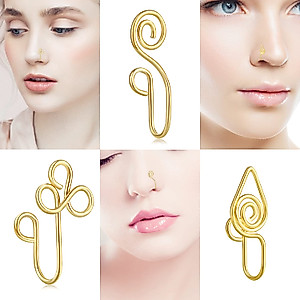 Fzroezz 9 Pcs African Nose Cuff Non Piercing Fake Nose Ring Piercings 20 Gauge Clip on Surgical Stainless Steel Nose Cuffs Rings Pack for Women Men Non Pierced Nose Cute Set Unique Ethnic Indian Gold