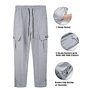 GYMBULLFIGHT Men's Cargo Sweatpants Loose Fit Pants Joggers for Men with Pockets, Open Bottom Drawstring Grey