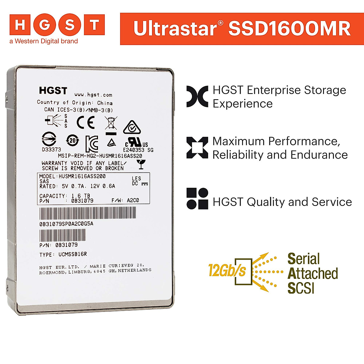 HGST Ultrastar SSD1600MR | HUSMR1616ASS200 | 0B31079 | 1.6TB SAS 12Gb/s 2.5" Inch MLC NAND | 130K / 30K IOPS random R/W | T10 End-To-End Data Protection | Enterprise Solid State Drive SSD