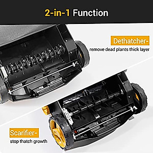 Rock&Rocker 15 INCH 13Amp Electric Dethatcher Scarifier, 2-in-1 Dethatcher Aerator, 5 Working Depth, 45L Thatch Bag, Tool-Free & Foldable Handle, Easy Storage, 3 Rod Handle Height, for Lawn Health