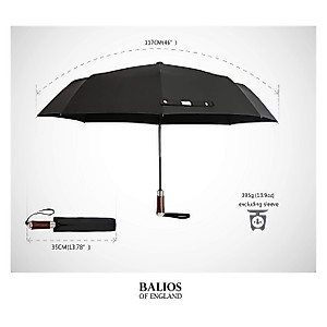 Balios (Designed in UK) Travel Umbrella Luxurious Golden Hardwood Handle Auto Open & Close Windproof Frame Single Canopy Automatic Folding Umbrella Men's & Ladies (Jet Black)