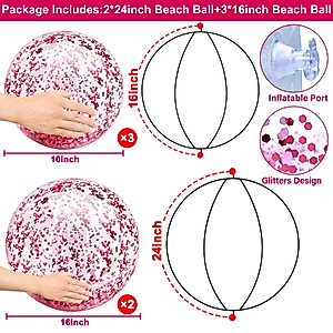 TURNMEON 5 Pack Sequins Beach Ball Jumbo Pool Toys Balls 16 Inch 24 Inch Giant Confetti Glitters Inflatable Clear Beach Ball Swimming Pool Water Beach Toys Outdoor Summer Party Favors for Kids Adults