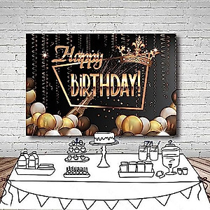 KUKUSOUL 5x3ft Black and Gold Backdrop Black Gold blloons Ribbon Happy Birthday Background for Girls Women Birthday Party Decorations Cake Table Banner Photo Booth Studio Props KUBYC397