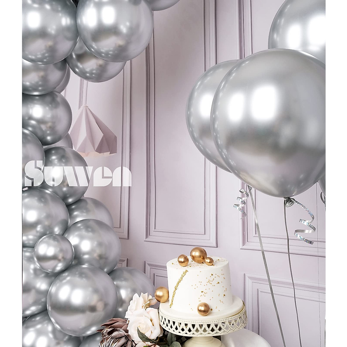 SUWEN Silver Metallic Balloons Kit 67PCS 10 Inch 5 Inch Different Sizes Latex Helium Shiny Chrome Silver Balloons for Birthday Graduation Anniversary Party Decorations
