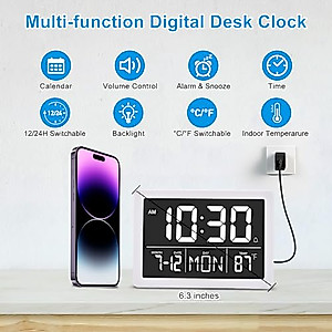 Amgico Digital Alarm Clock with Snooze, Small Clock/Table Clock, 6.3" LED Digital Calendar, 12/24H, Adjustable Brightness/Volume, Desk Clock for Bedroom, Living Room, Office - White
