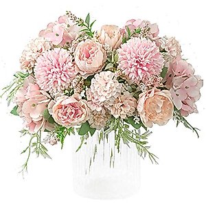 KIRIFLY Artificial Flowers, Fake Peony Silk Hydrangea Bouquet Decor Plastic Carnations Realistic Flower Arrangements Wedding Decoration Table Centerpieces (Light Pink)