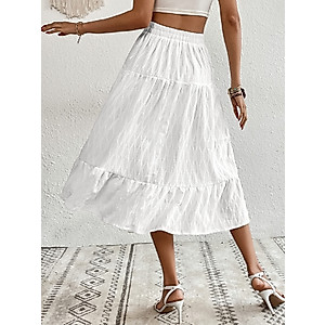 Verdusa Women's Elastic High Waist Ruffle Hem Solid A Line Flowy Midi Skirt White M