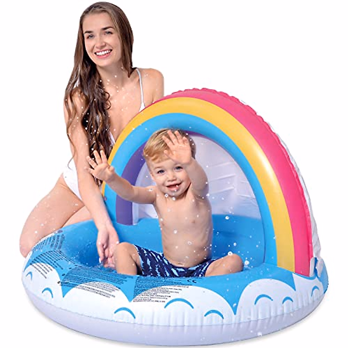 Rainbow Blow up Kiddie Pool Inflatable Mini Swimming Pool Water Baby Shade Beach Tent Pool 37" X 26" Portable Wading Pool with Canopy for Outdoor Backyard for Kids Toddler