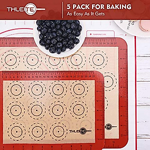 THLEITE Non Stick Silicone Baking Mat - Macaron Silicone Baking Mat & Pastry Mat with Measurement (5-Piece Set), 2 Half Sheet + 2 Quarter Sheet + 1 Pastry Mat - Macaroon/Pastry/Pizza/Cookie Making