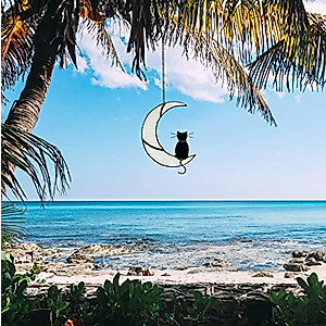 Black Cat Decor On White Moon Stained Glass Window Hanging Suncatcher for Windows Panels Sun Catcher Halloween Ornament Decoration Memorial Gift Cat for Lover Cat Loss