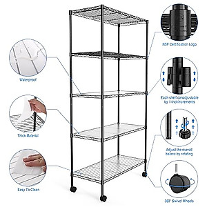 5 Tier NSF Wire Shelf Shelving Unit, 14 x 30 x 60 Inch 750lbs Capacity Adjustable Storage Metal Rack with Wheels/Leveling Feet & Shelf Liners, Ideal for Garage, Kitchen, Office Home and More - Black