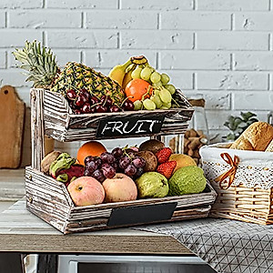 Rustic Fruit Basket Holder, 2 Tier Wood Fruit Stand with Chalkboards, Countertop Fruit and Vegetable Storage for Farmhouse Kitchen, Wooden Fruit Bowl for Vegetable Bread Snacks