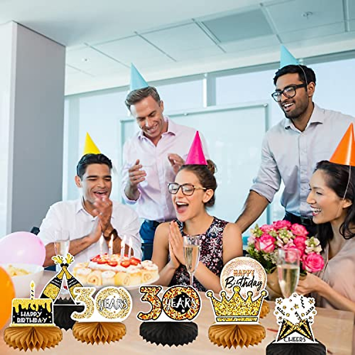 KIMOBER 9PCS 30th Birthday Honeycomb Centerpieces,Black Gold 30 Years Birthday Table Toppers for Thirty Years Birthday Party Decorations