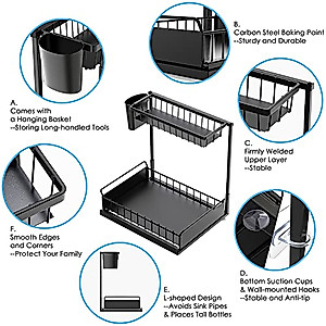 Gracenal Under Sink Organizer, Kitchen Organizers and Storage 1 Pack & Ribbed Glass Cups with Straws 12oz, Drinking Glasses Set of 4