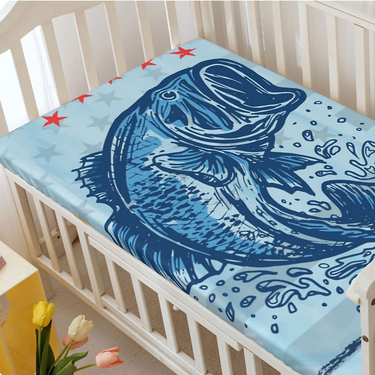 Gone Fishing Themed Fitted Crib Sheet,Standard Crib Mattress Fitted Sheet Toddler Bed Mattress Sheets-Great for Boy or Girl Room or Nursery,28“ x52“,Multicolor