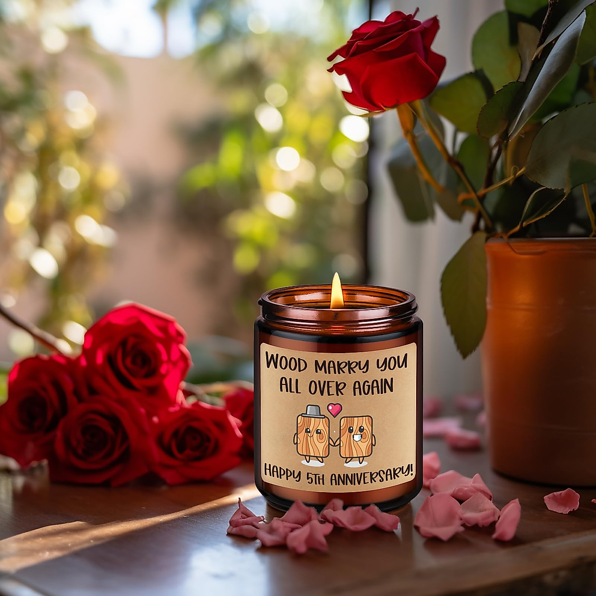 Miracu 5th Wedding Anniversary Candle - 5th Anniversary Wood Themed Gifts for Wife Husband, 5 Year Wedding Anniversary Funny Gifts for Him Her, Happy Fifth Marriage Gifts for Couples Women Men