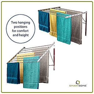 Smartsome | Wall Mounted | Clothes Drying Rack| 22" Wide |15 Linear Feet Capacity | 8 Smooth Round Stainless Steel Rods | 60 lb Capacity | Fully Assembled | Compact Sturdy Space-Saving Design